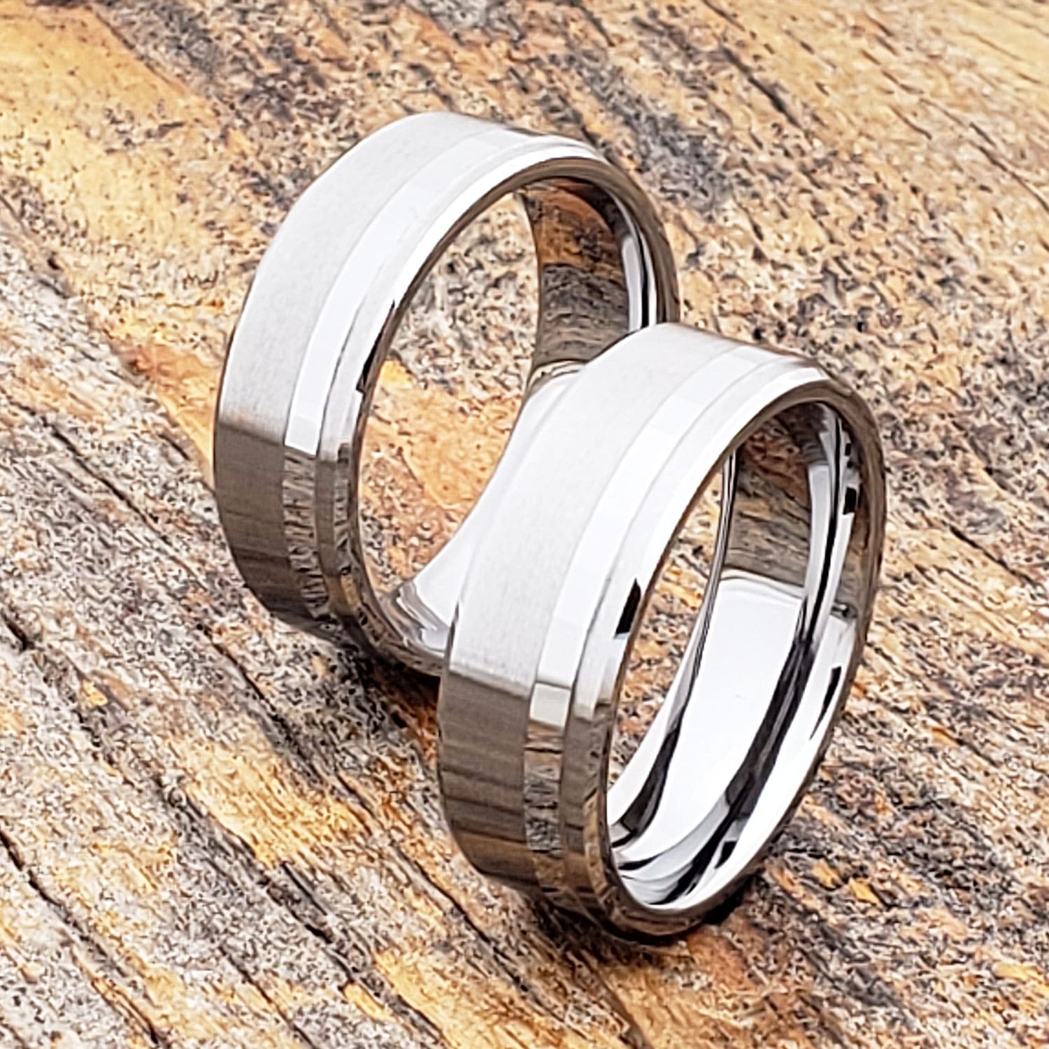 Gemini Brushed Raised Facet Carved Rings - Forever Metals